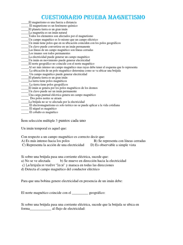 Cuestionario Magnetismo | Imán | Campo magnético | Prueba gratuita de ...