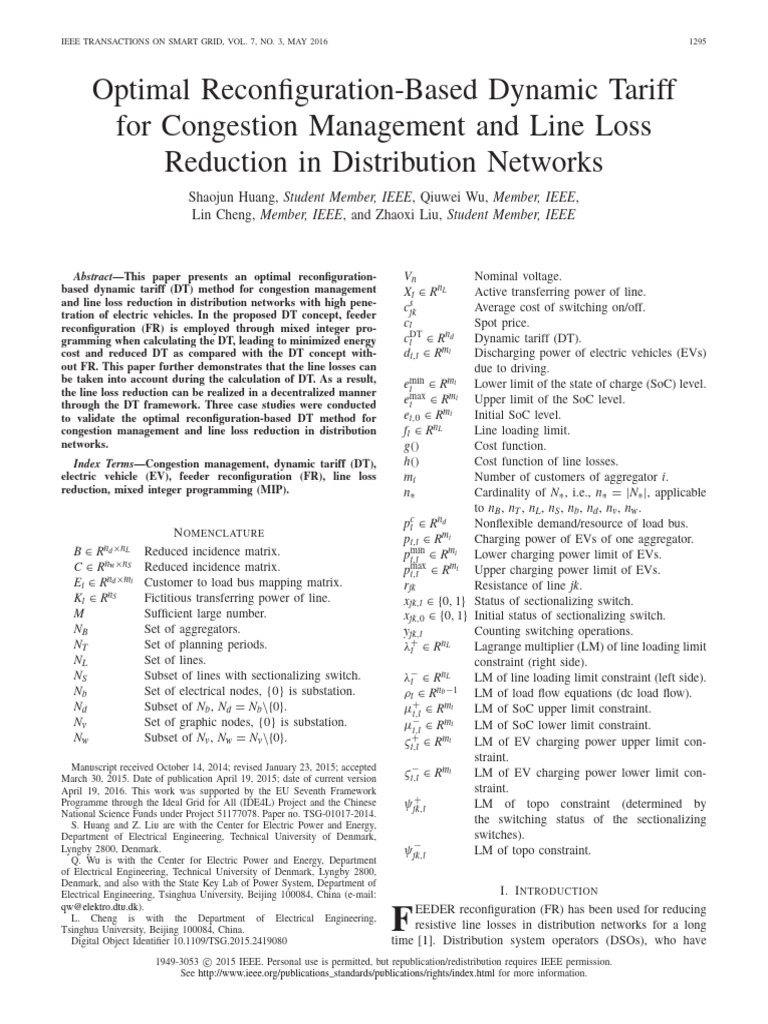 Optimal Reconfiguration-Based Dynamic Tariff For Congestion Management and Line Loss Reduction ...