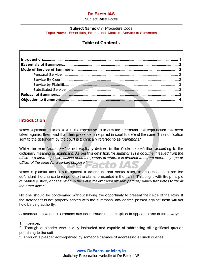 De Facto IAS: Table of Content | PDF | Summons | Lawsuit
