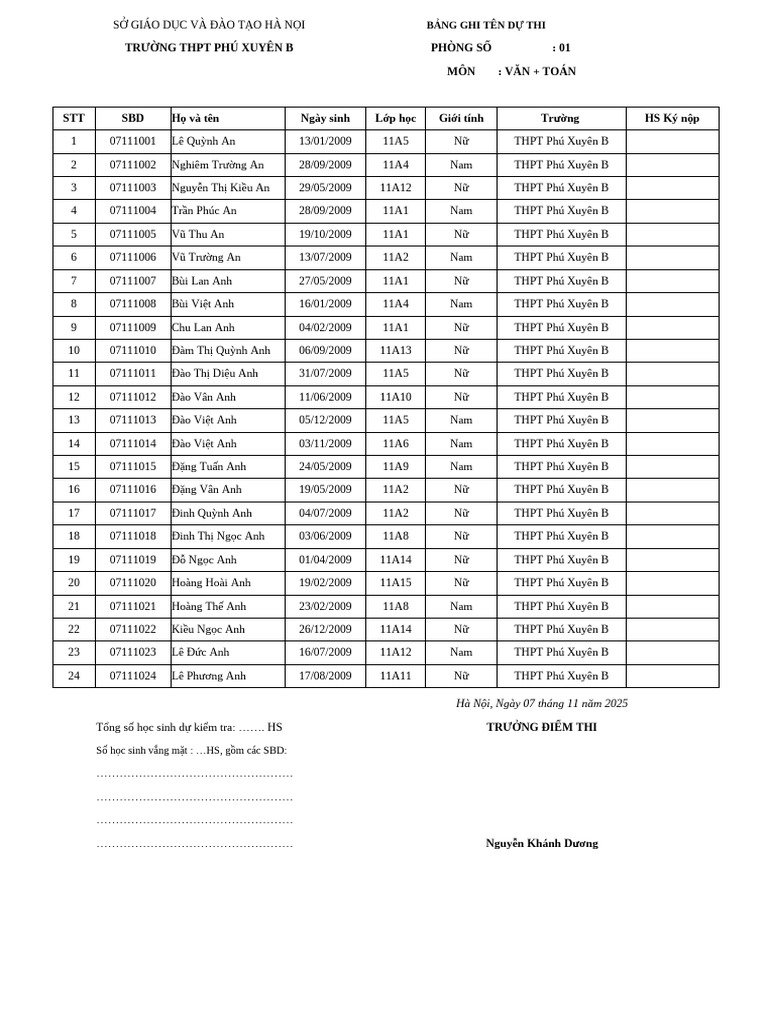 Khối-11.-Danh Sach Thong Tin Hoc Sinh-8 | PDF