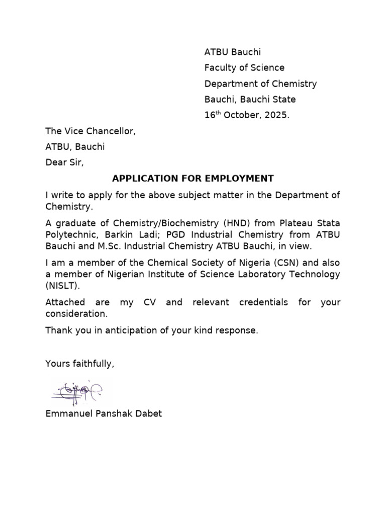 Application Letter Emmanuel ATBU | PDF