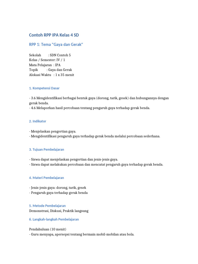 RPP IPA Kelas 4: Gaya, Gerak, & Wujud Benda | PDF
