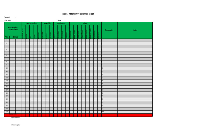 Room Attendant Control Sheet Template | PDF | Drink | Non Alcoholic Drinks