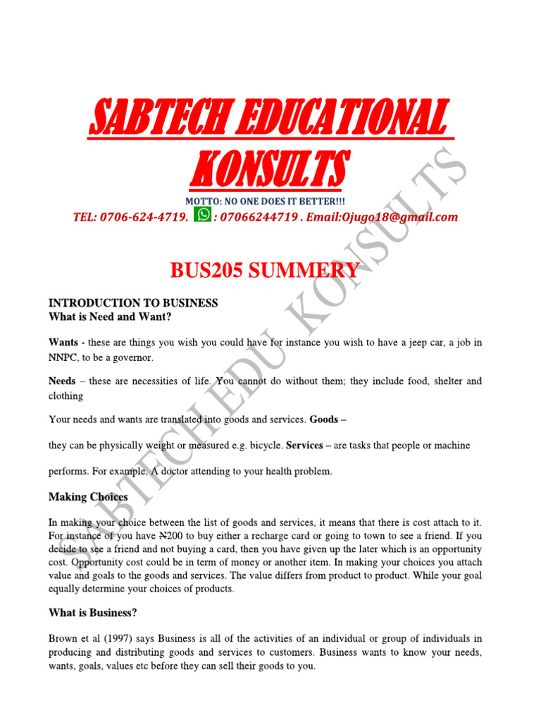 Bus205 Summery 07066244719 Sabtech Edu Konsults | PDF