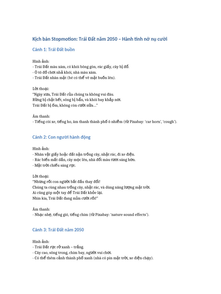 Kich Ban Stopmotion Trai Dat Nam 2050 | PDF