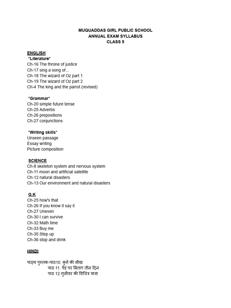 Class 5 Annual Exam Syllabus | PDF