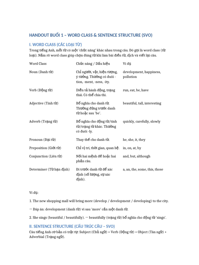 Handout Buoi1 WordClass SVO | PDF