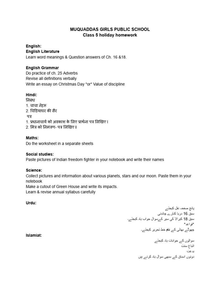 Class 5 Holidays Homework | PDF