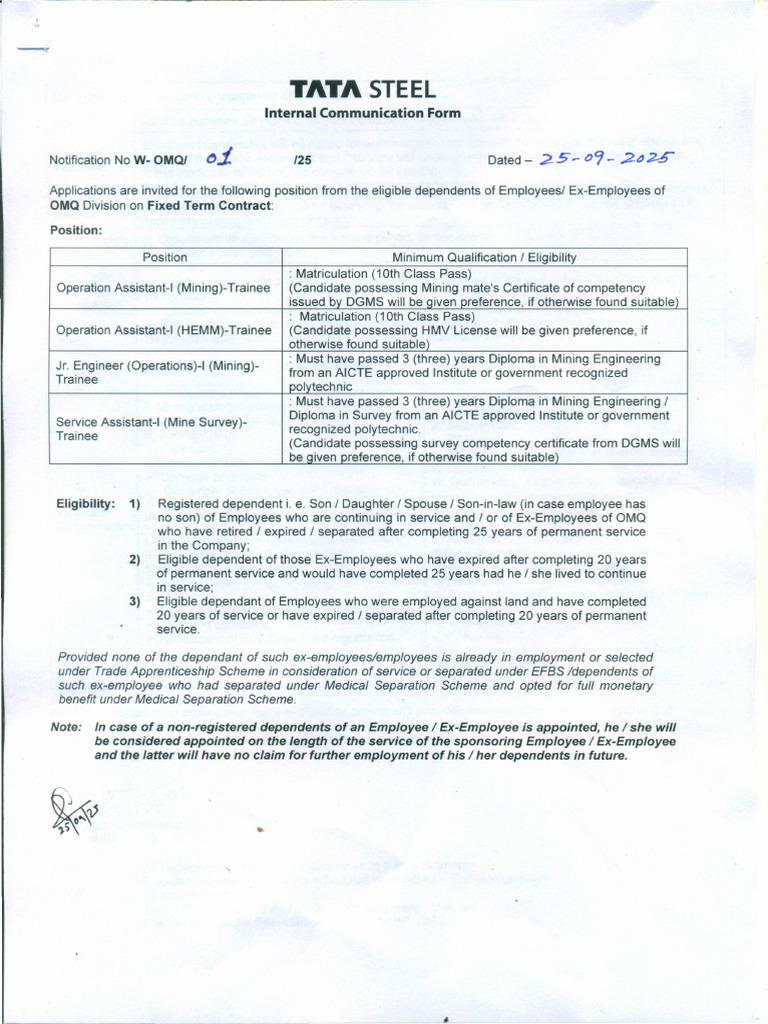 Internal Employment Notification For Employees Wards | PDF