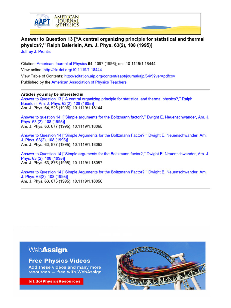 Answer To Question 13 ( A Central Organizing Principle For Statistical and Thermal Physics ...
