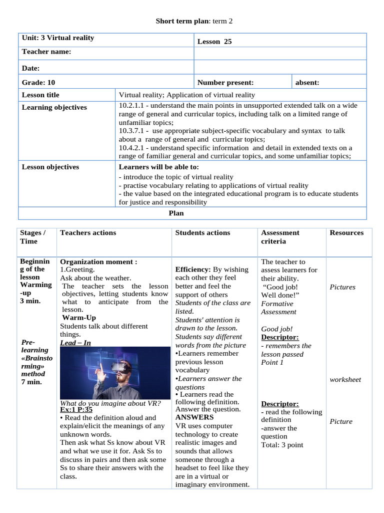 Virtual Reality Lesson Plan for Grade 10 | PDF | Curriculum | Learning