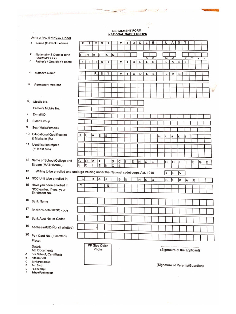 Enrollment Form NCC | PDF