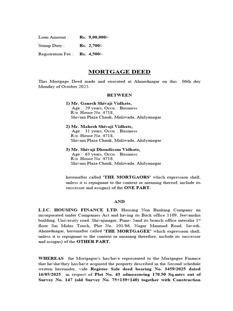 Mortgage Deed, Vidhate | PDF | Mortgage Law | Mortgages