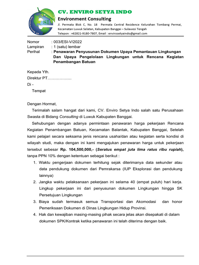 003-ESI - Surat Penawaran - Tambang Batuan - Kec. Balantak | PDF
