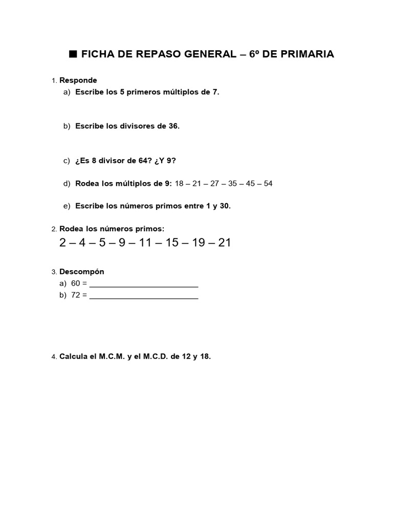 Ficha Repaso General 6primaria | PDF