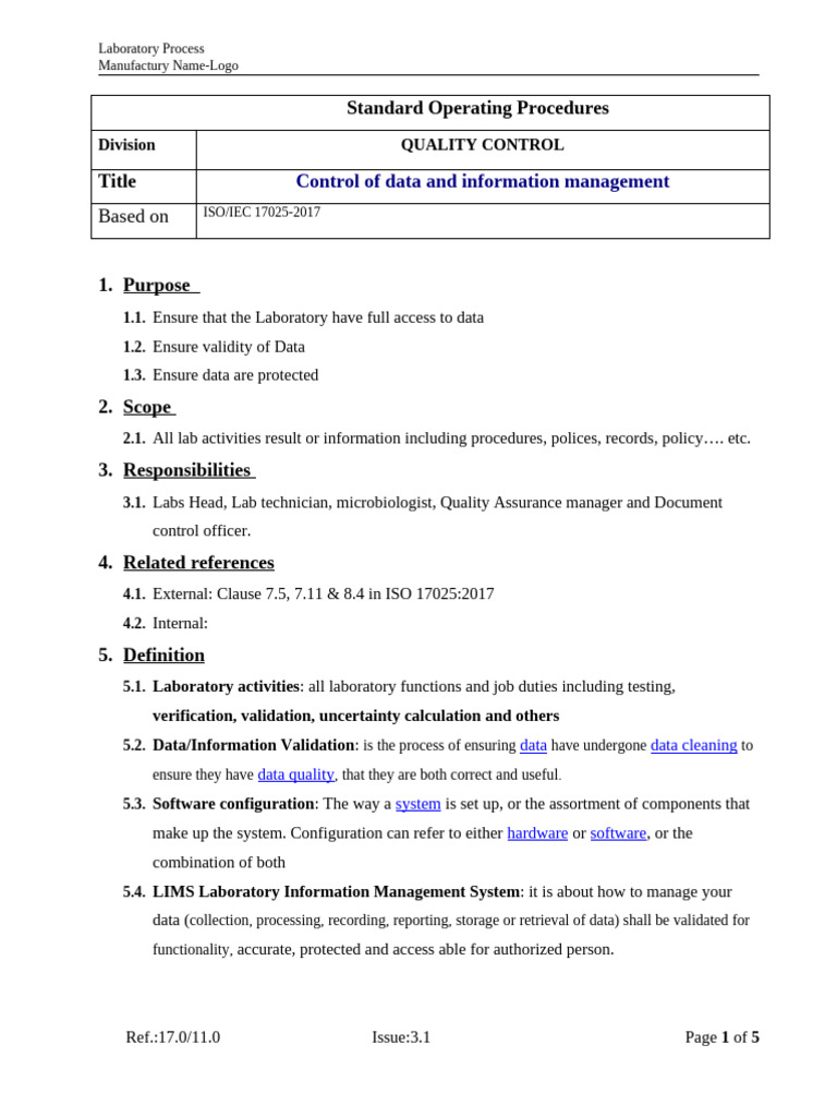 Data Management in Laboratory SOPs | PDF | Verification And Validation ...