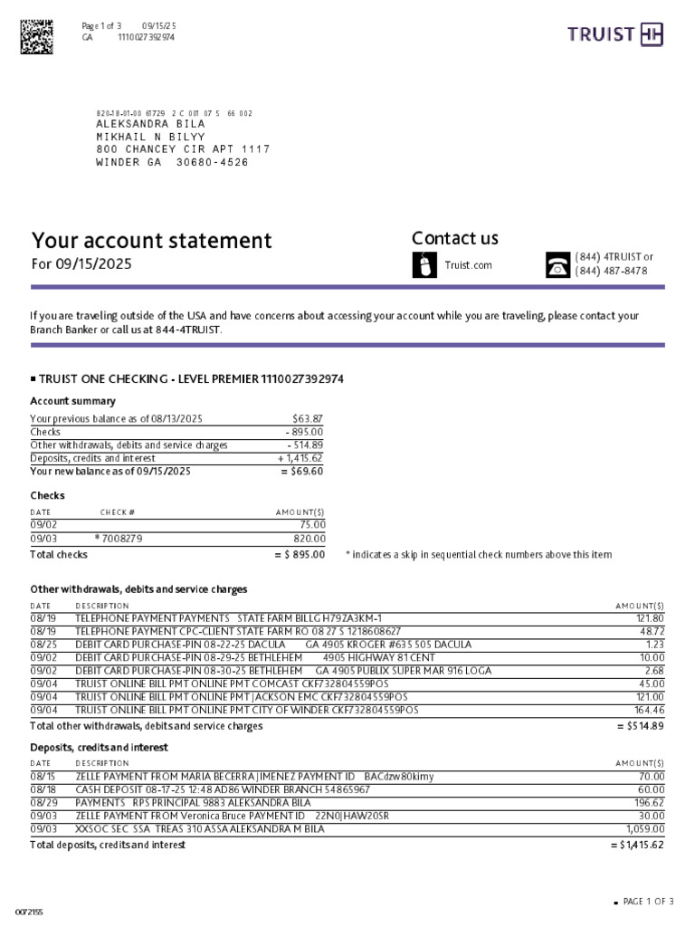 Truist Account Statement Summary | PDF | Cheque | Debits And Credits