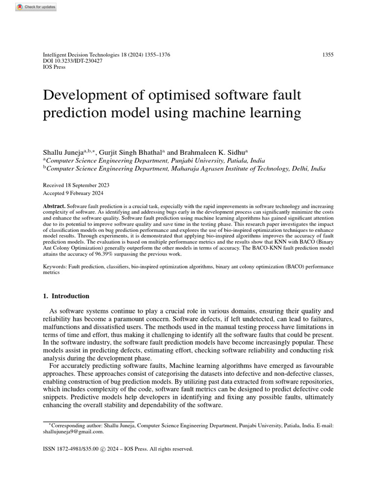 Juneja Et Al 2024 Development of Optimised Software Fault Prediction ...
