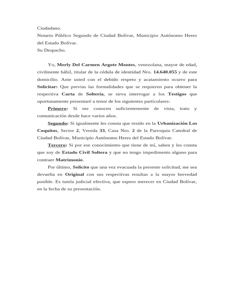 Carta de Solteria (Merly Argote) | PDF