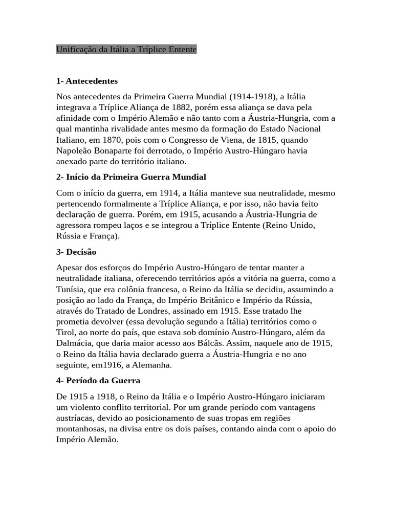 Unificação Da Itália A Tríplice Entente | PDF | Áustria Hungria | Reino ...