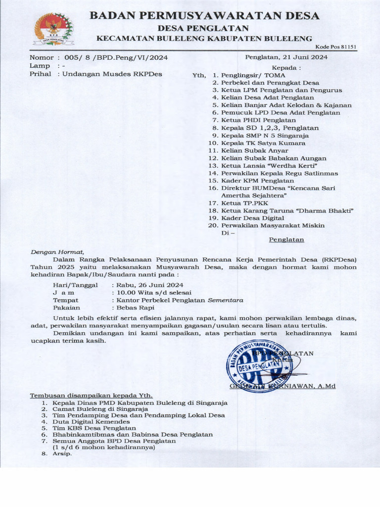 Undangan Musdes RKPDes 2025 Desa Penglatan | PDF