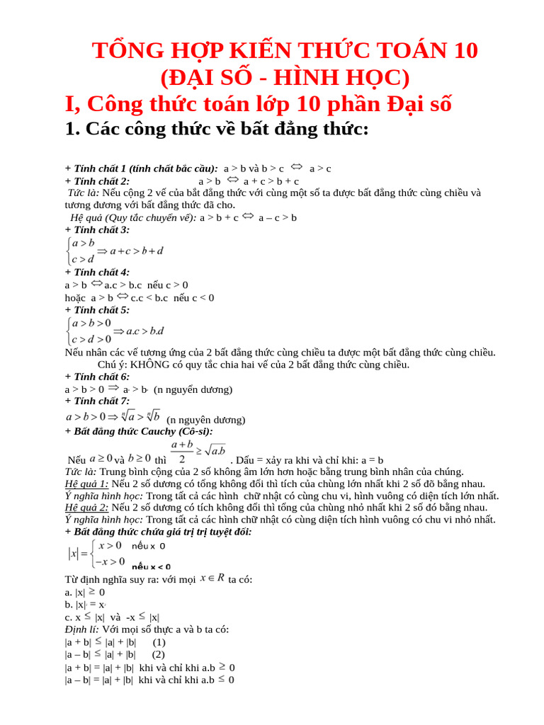 (123doc) Tong Hop Kien Thuc Toan 10 Dai So Hinh Hoc | PDF