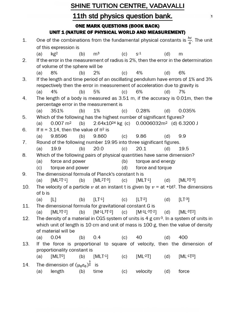 11th Stdio Physics Question Bank. | PDF | Force | Momentum