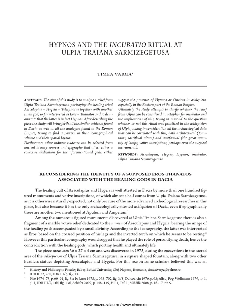 Hypnos and The Incubatio Ritual at Ulpia Traiana Sarmizegetusa | PDF