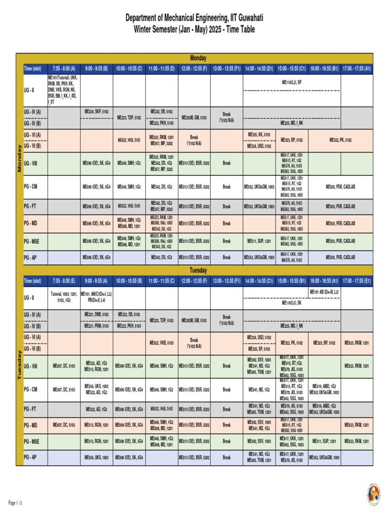IIT Guwahati Mechanical Engineering Timetable | PDF | Engineering ...