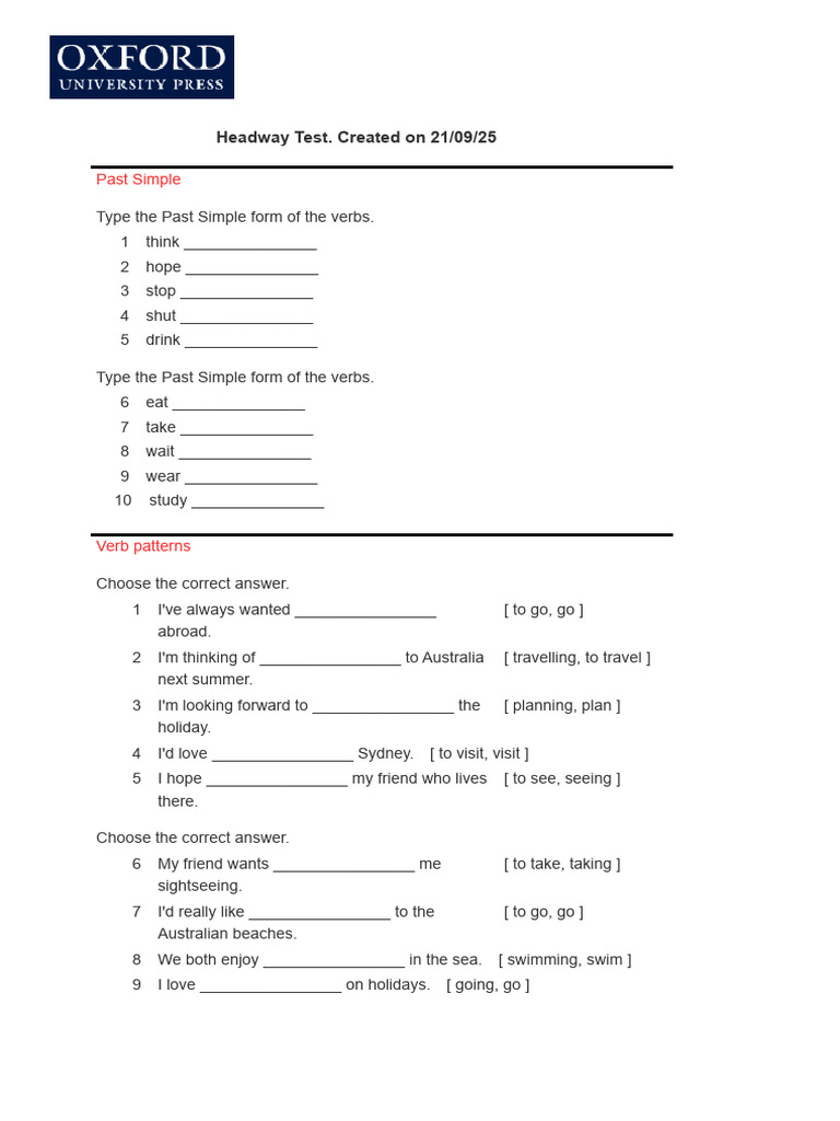 Past Simple and Verb Patterns Exercises | PDF | Television