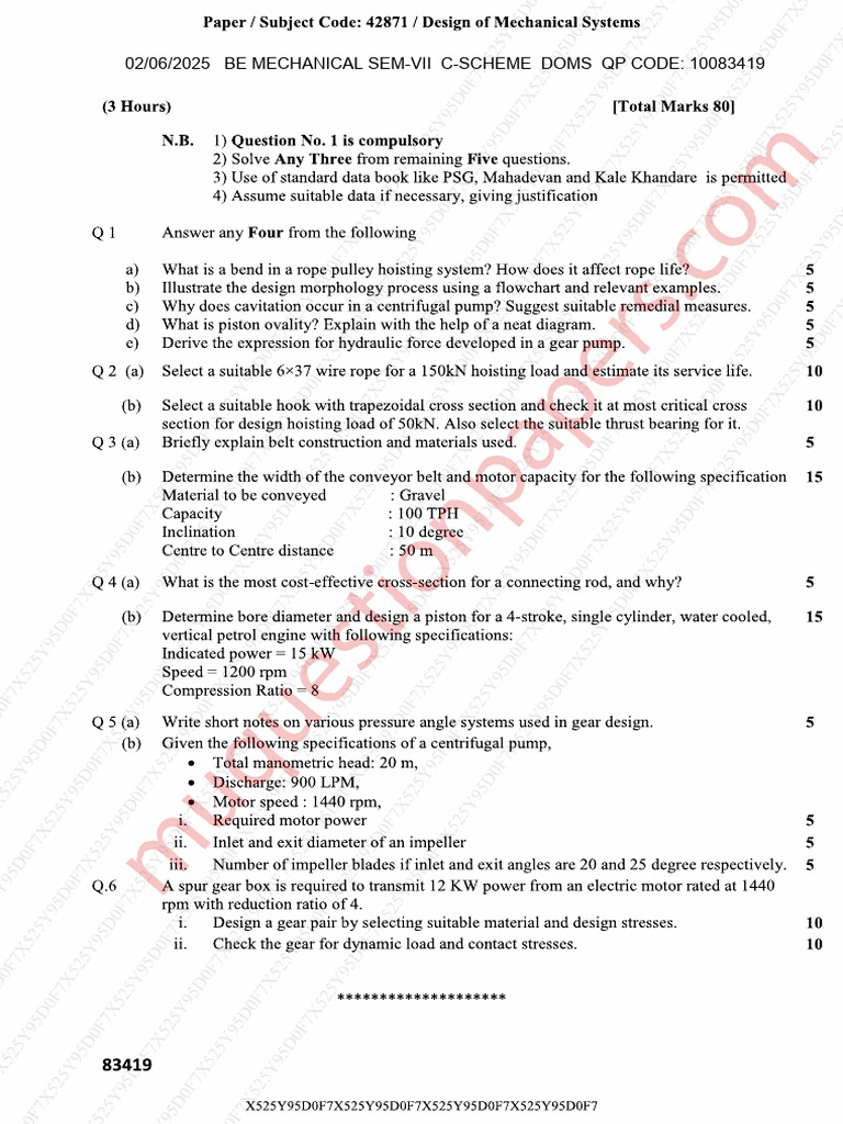 Be Mechanical Engineering Semester 7 2025 May Design of Mechanical ...