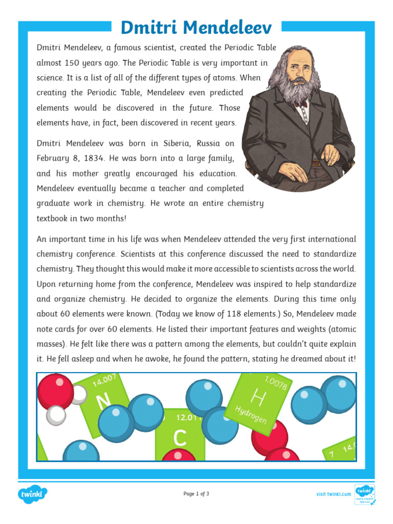 US2 S 167 Fifth Grade Dmitri Mendeleev Reading Comprehension Activity Ver 3 | PDF | Periodic ...