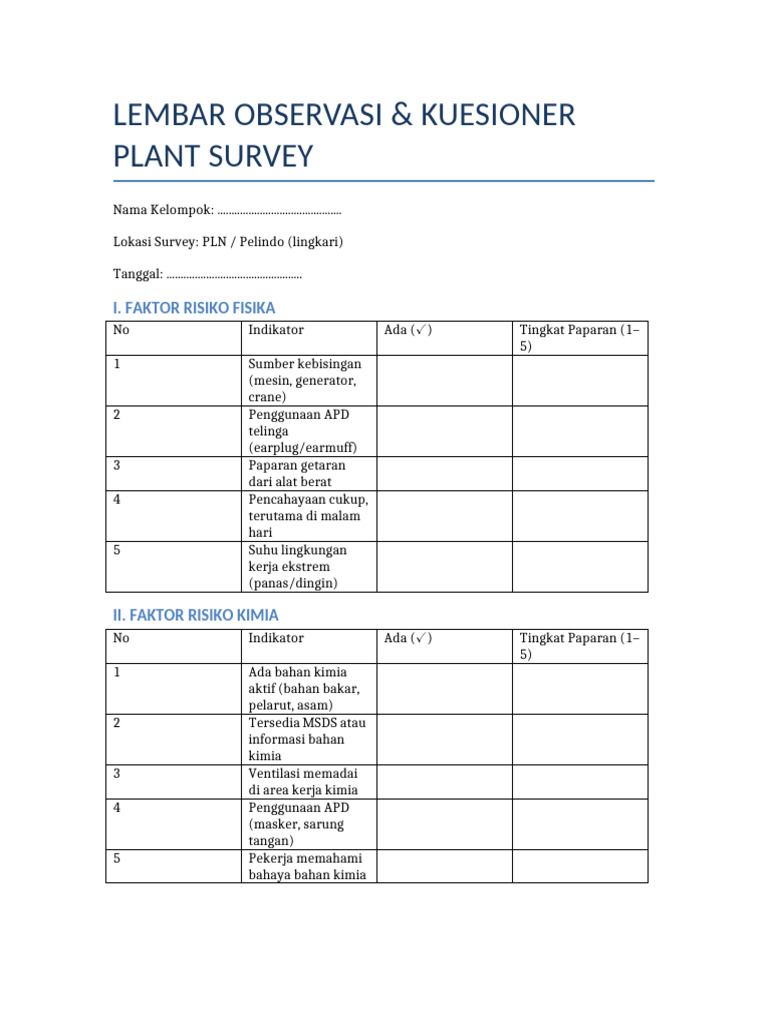 Lembar Observasi Kuesioner Plant Survey | PDF