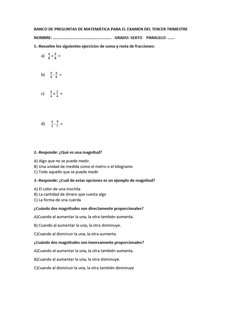 Preguntas de Matemáticas para Sexto Grado | PDF | Matemáticas
