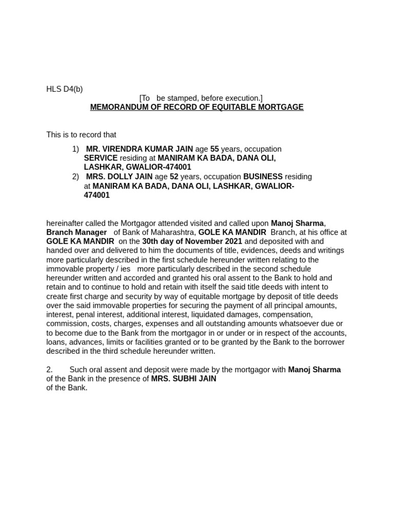 HLS - D4b - Memorandum Recording Deposit of Title Deeds | PDF | Mortgage Law | Property Law