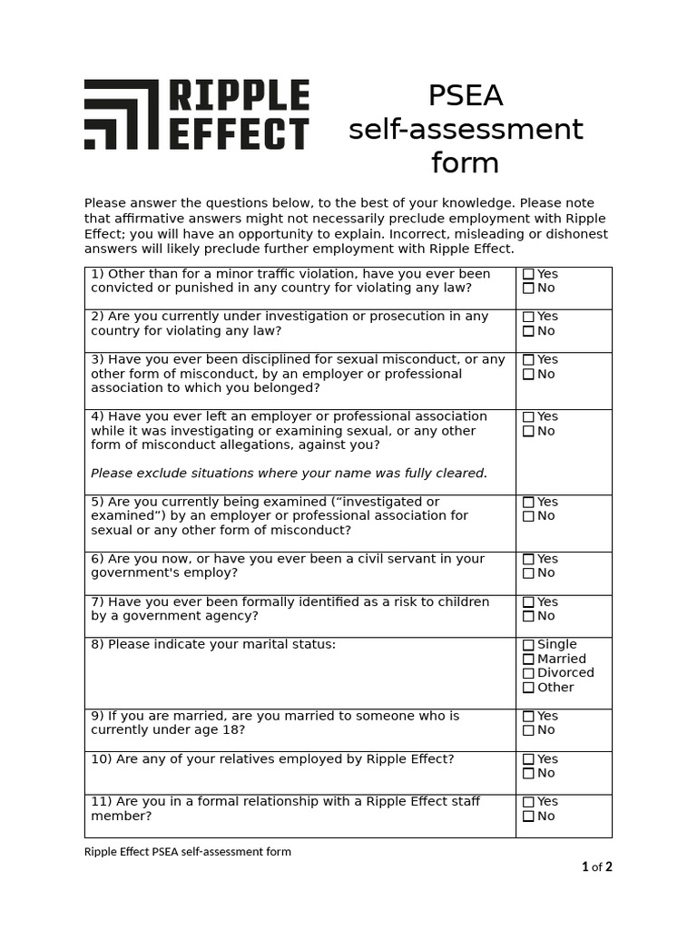 Ripple Effect PSEA Self-Assessment Form | PDF | Employment | Knowledge
