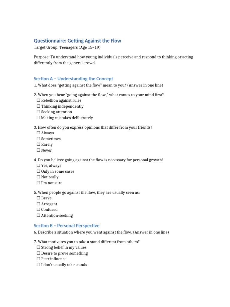 Questionnaire Getting Against The Flow | PDF