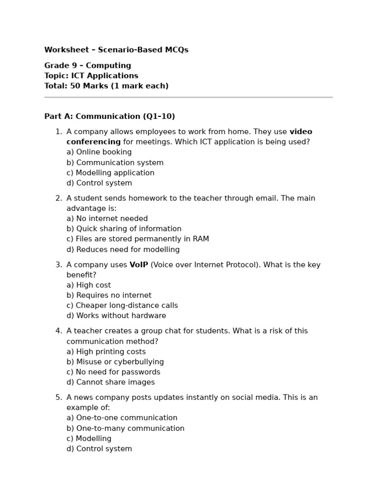 Grade 9 ICT Applications MCQ Worksheet | PDF | Internet | Databases