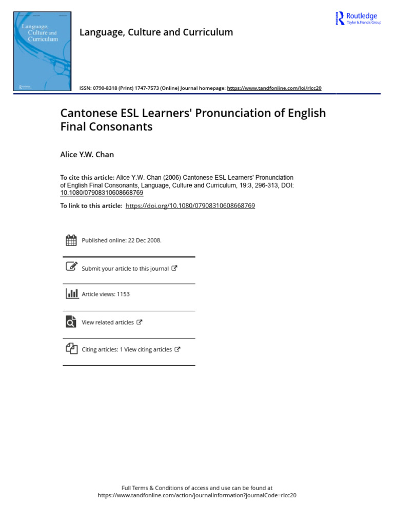 Cantonese ESL Learners Pronunciation of English Final Consonants | PDF ...
