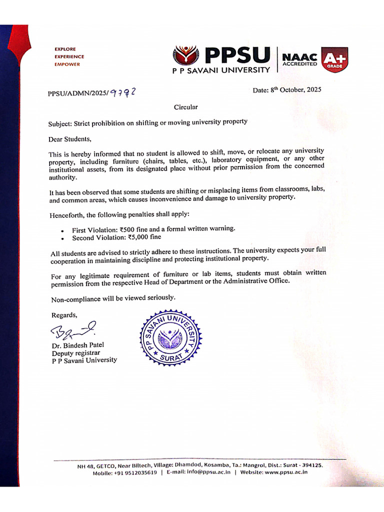 Strict Prohibition On Shifting or Moving University Property | PDF