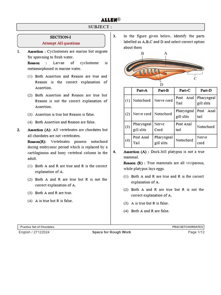 PRACSETCHORDATES-Practice Set of Chordates - Zoology | PDF ...