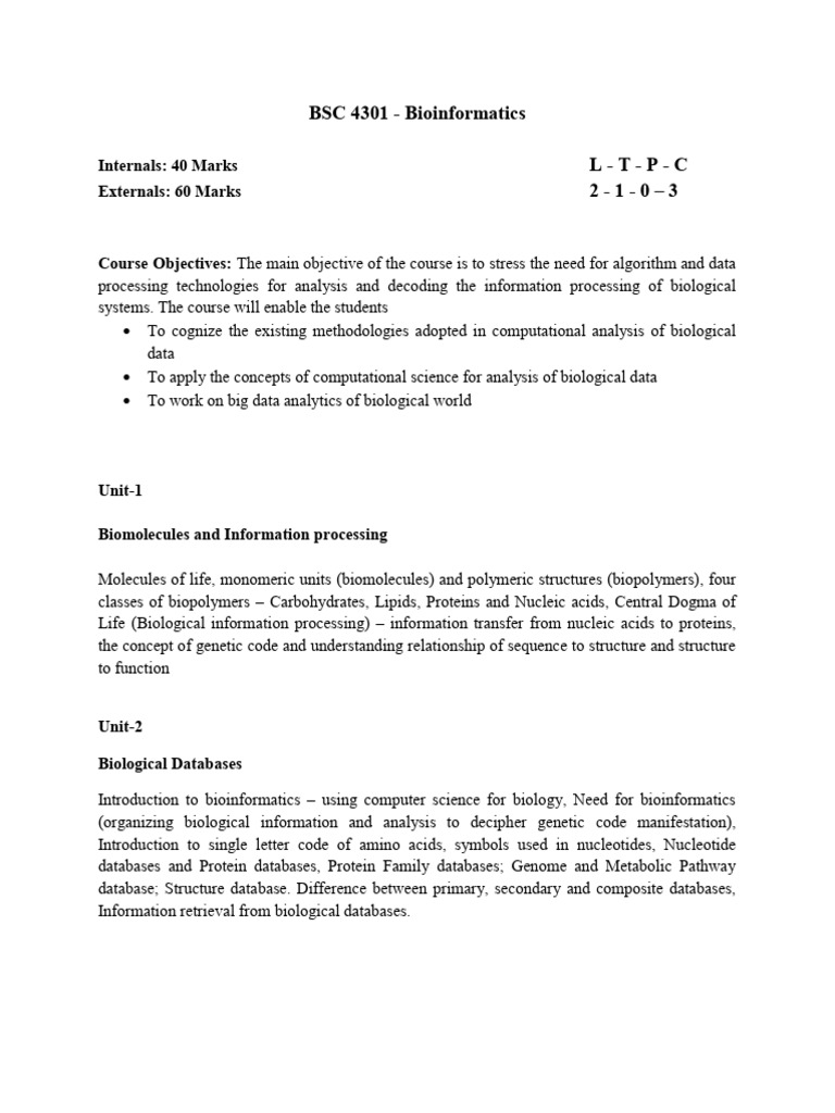 BS4301 Bioinformatics Syllabus | PDF | Bioinformatics | Nucleic Acid Sequence