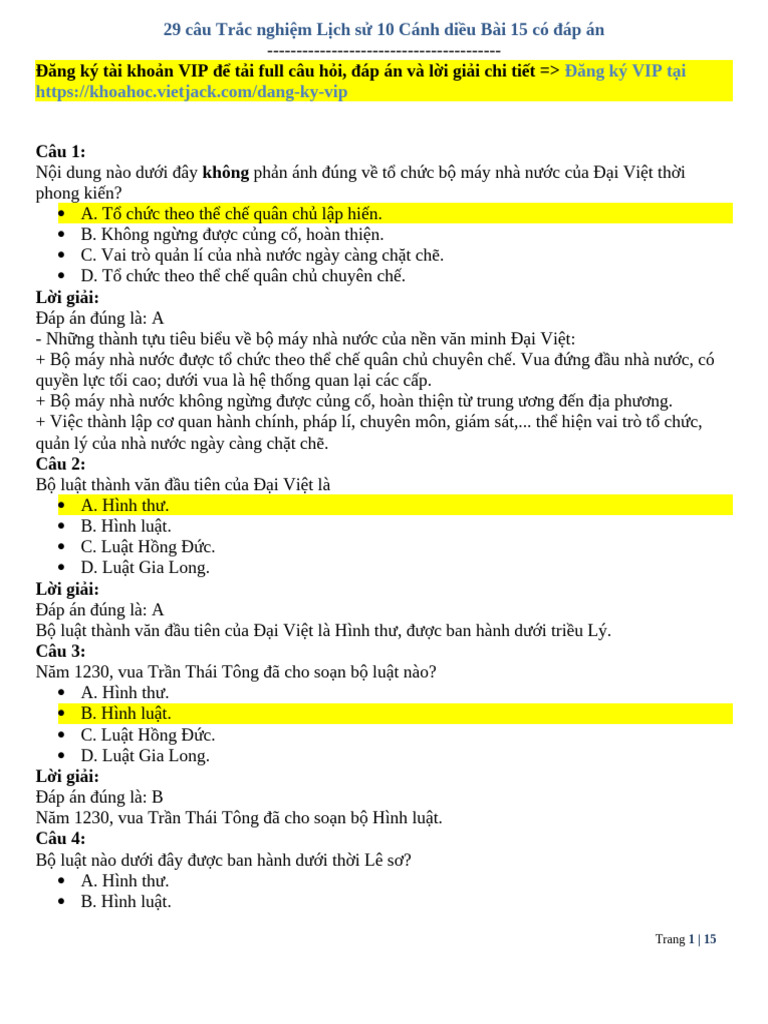 29 Cau Trac Nghiem Lich Su 10 Canh Dieu Bai 15 Co Dap An 2025-04-29 | PDF