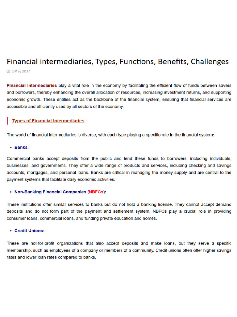 Financial Intermediaries, Types, Functions, Benifits, Challenges | PDF