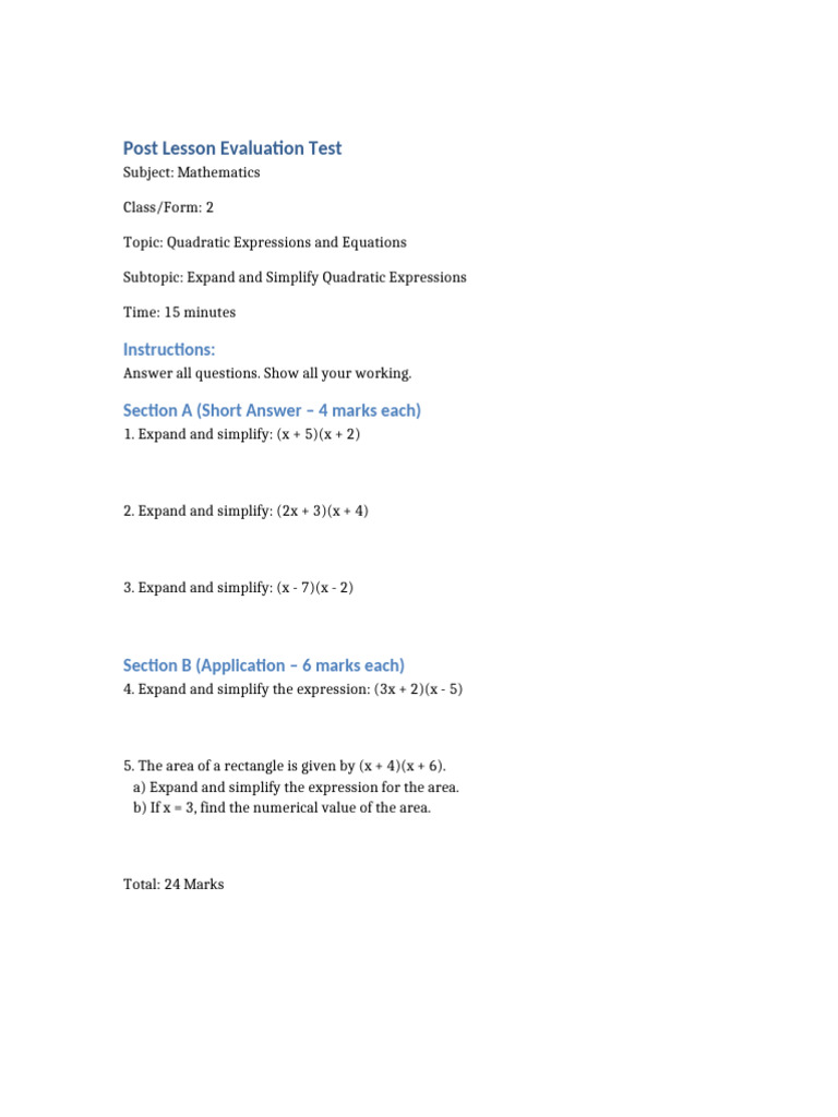 Form 2 Post Lesson Evaluation Test | PDF