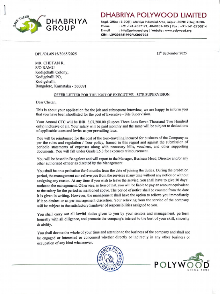 Chetan R. Offer Letter | PDF | Employment | Justice