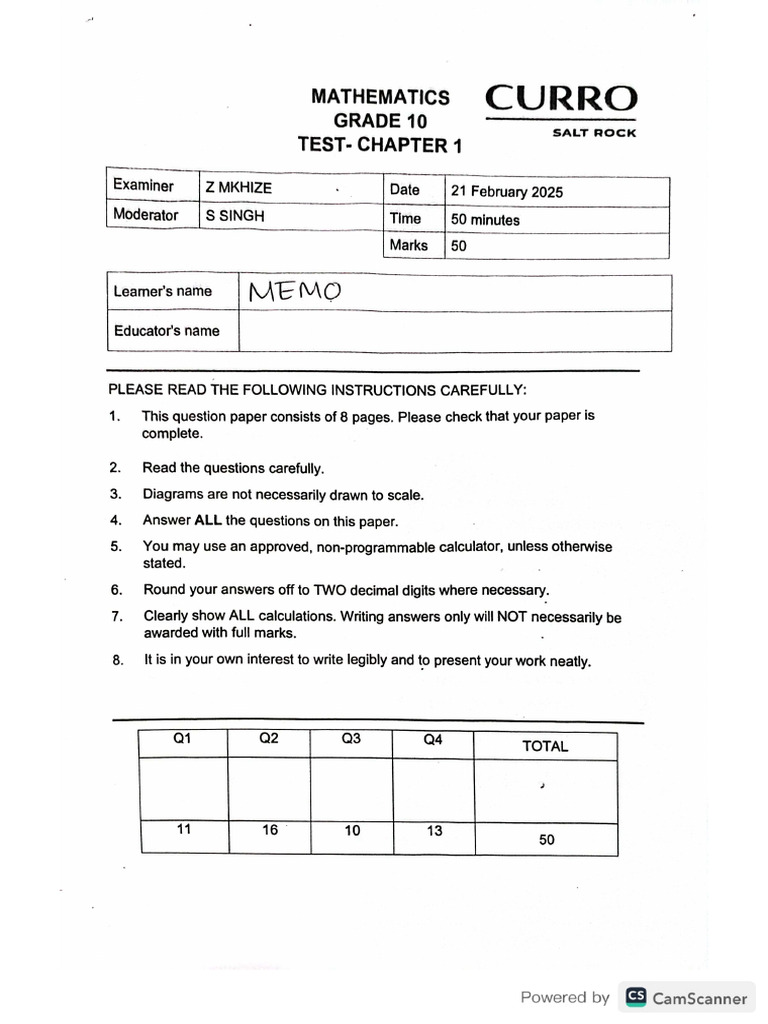 1.2 Grade 10 Algebra Memo | PDF
