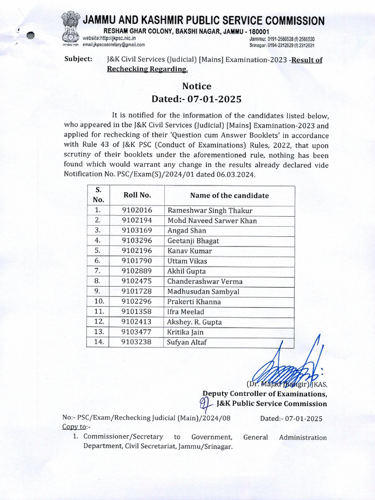 JK Civil Services (Judicial) Mains Exam 2023 Result of Rechecking ...