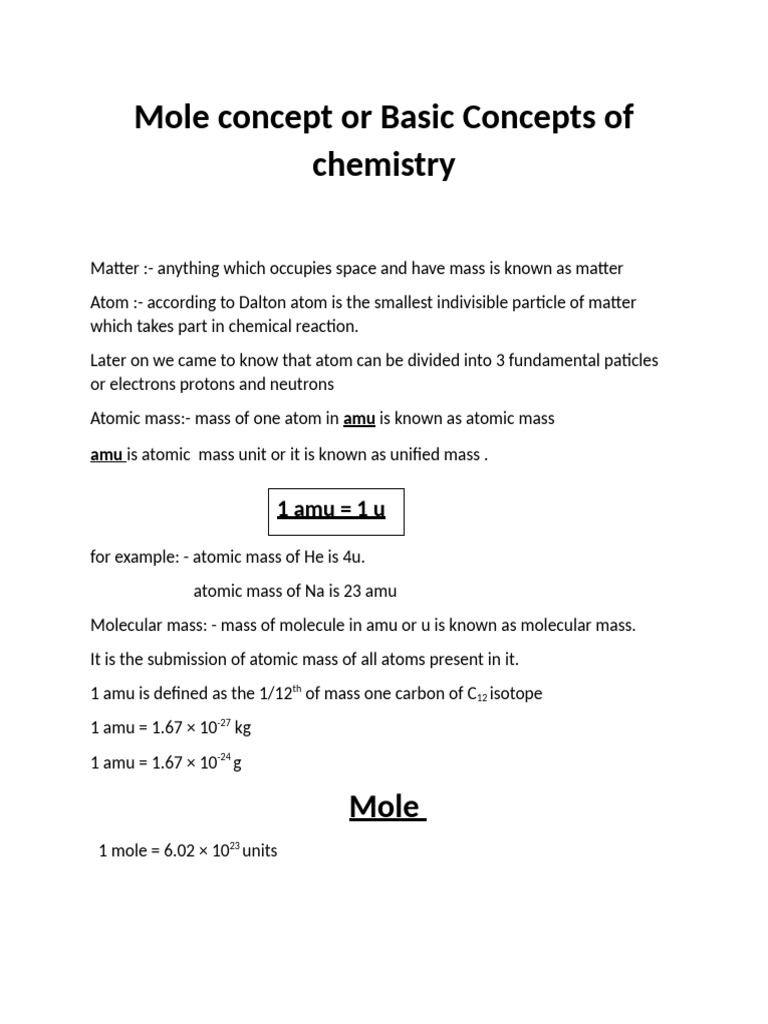 Mole Concept or Basic Concepts of Chemistry | PDF