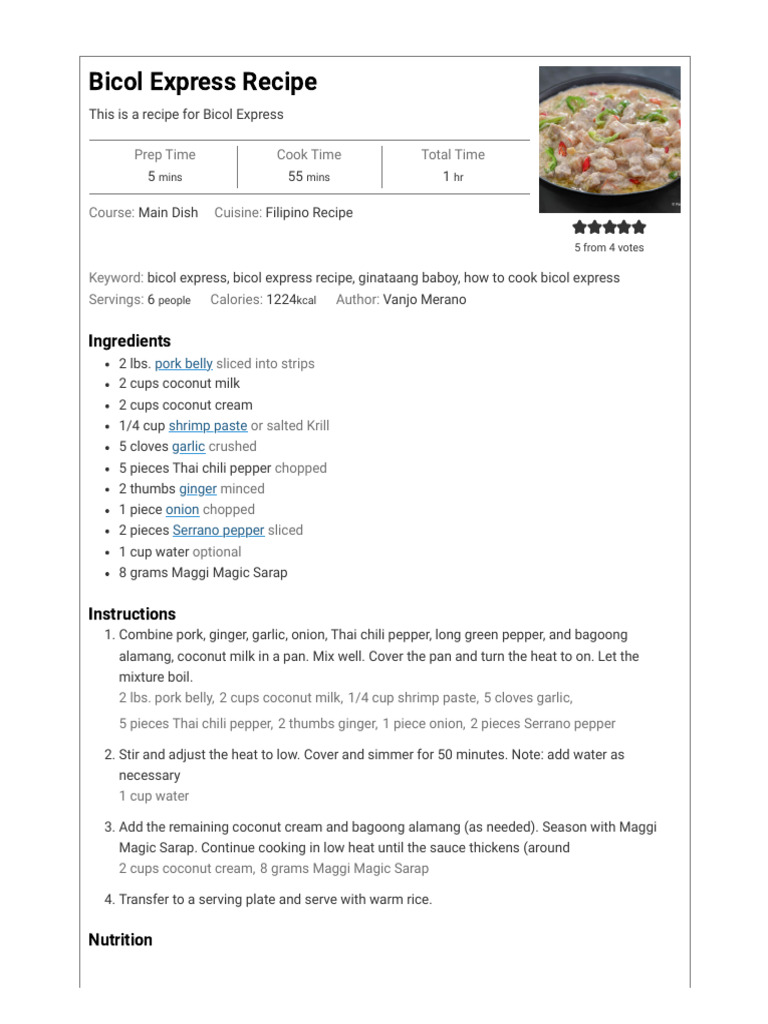 Bicol Express Recipe and Ingredients | PDF